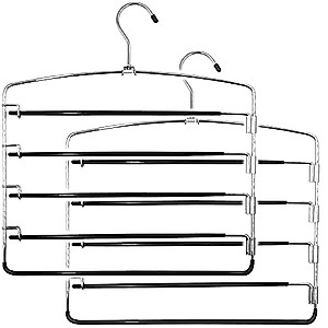 KLEVERISE 2 Pack Pants Hangers Space Saving, 5 Layer Tiered Non-Slip Stainless Steel Pants Hangers, Multi-Tier Pants Organizer Hangers, Swing Arm Space Saver Pants Hangers for Jeans Trousers