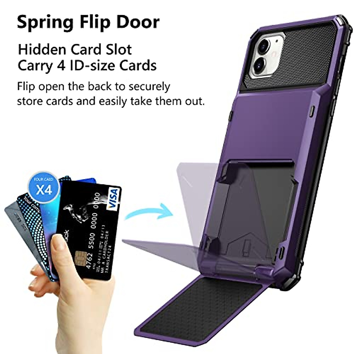 Vofolen for iPhone 11 Case Wallet 4-Card Holder ID Slot Flip Door Hidden Pocket Anti-Scratch Dual Layer Hybrid TPU Bumper Armor Protective Hard Shell Back Cover for iPhone 11 6.1 inch GreyPurple
