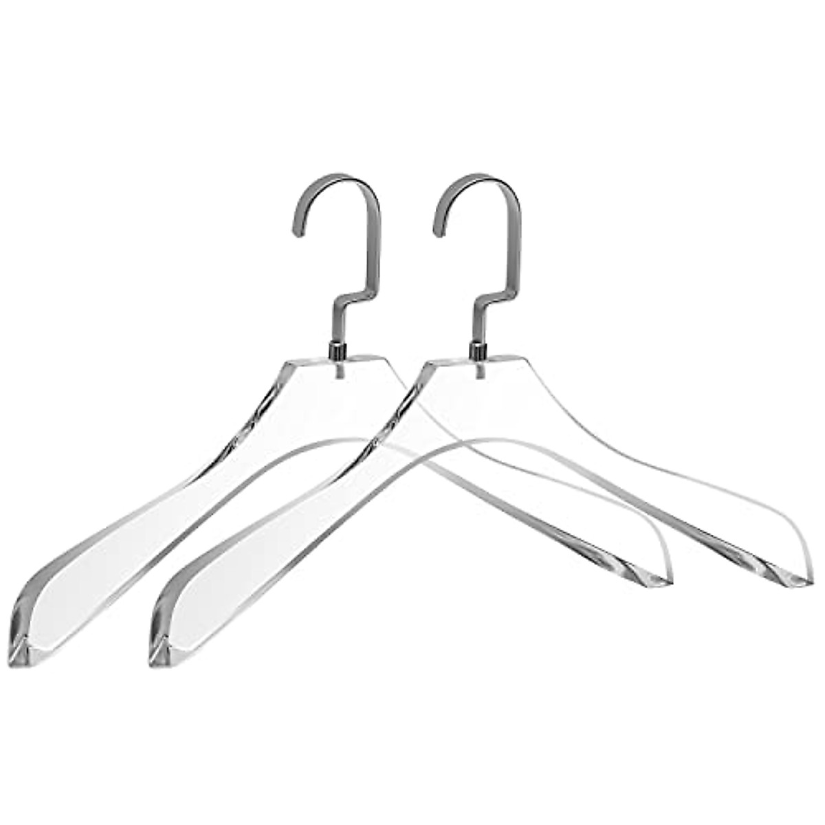 Quality Clear Lucite Acrylic Heavy Duty Coat Suit Hangers – 2 Pack, Curved Stylish Clothes Hanger with Wide Matte Silver Hooks - Coat Hanger for Dress, Suit - Closet Organizer Adult Hangers