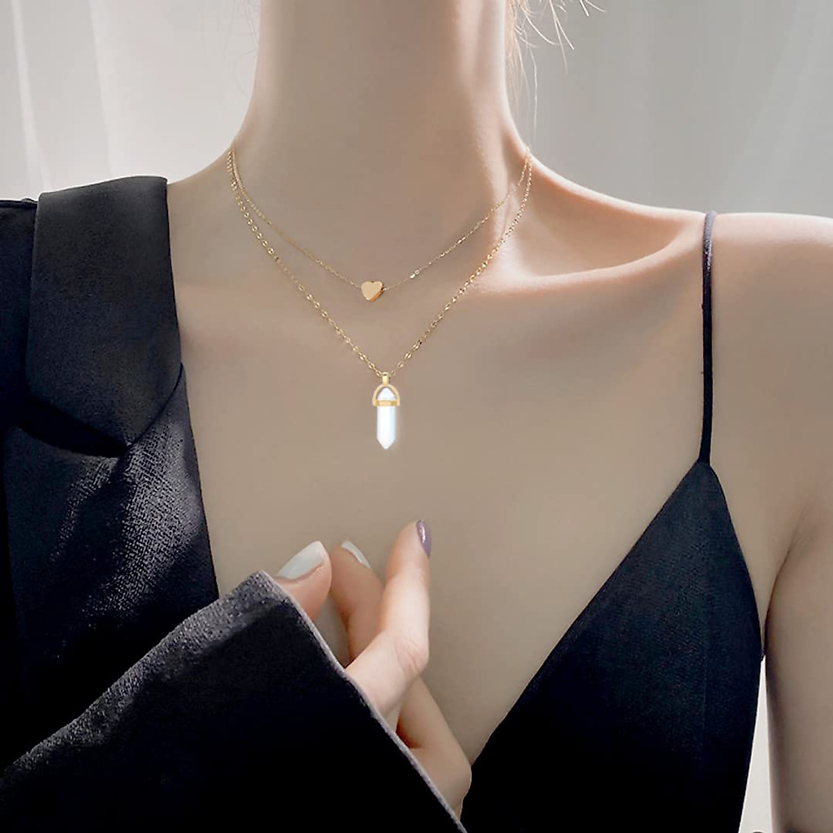 THJEW Natural Opalite Crystal Stone Bullet Pendant Necklace,Opal Crystal Layered Pendant Necklace,Natural Gemstone Pendant,Opal Crystal Jewelry, Yellow Gold, Opal