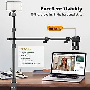 PICTRON VIJIM LS11 Camera Mount Desk Stand with Auxiliary Holding Arm, Flexible Overhead Camera Mount, Webcam Table C-Clamp Multi Mount for Photography Videography Live Stream
