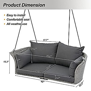 Wicker Porch Swing 2-Person Rattan Hanging Swing Bench Woven Outdoor Swing Chair with Adjustable Ropes & Cushions, for Patio Backyard Poolside Garden, Gray Wicker