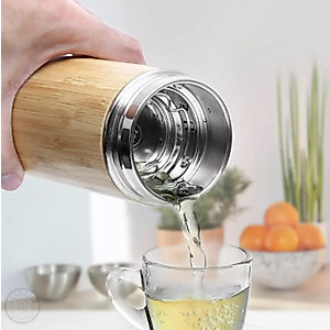 ECO Friendly Bamboo Tumbler - Tea Infuser and Strainer | Water Coffee and Tea Bottle | Stainless Steel Thermos | Vacuum Insulated Travel Tea Gift | Biodegradable | By GreenRO ANZ