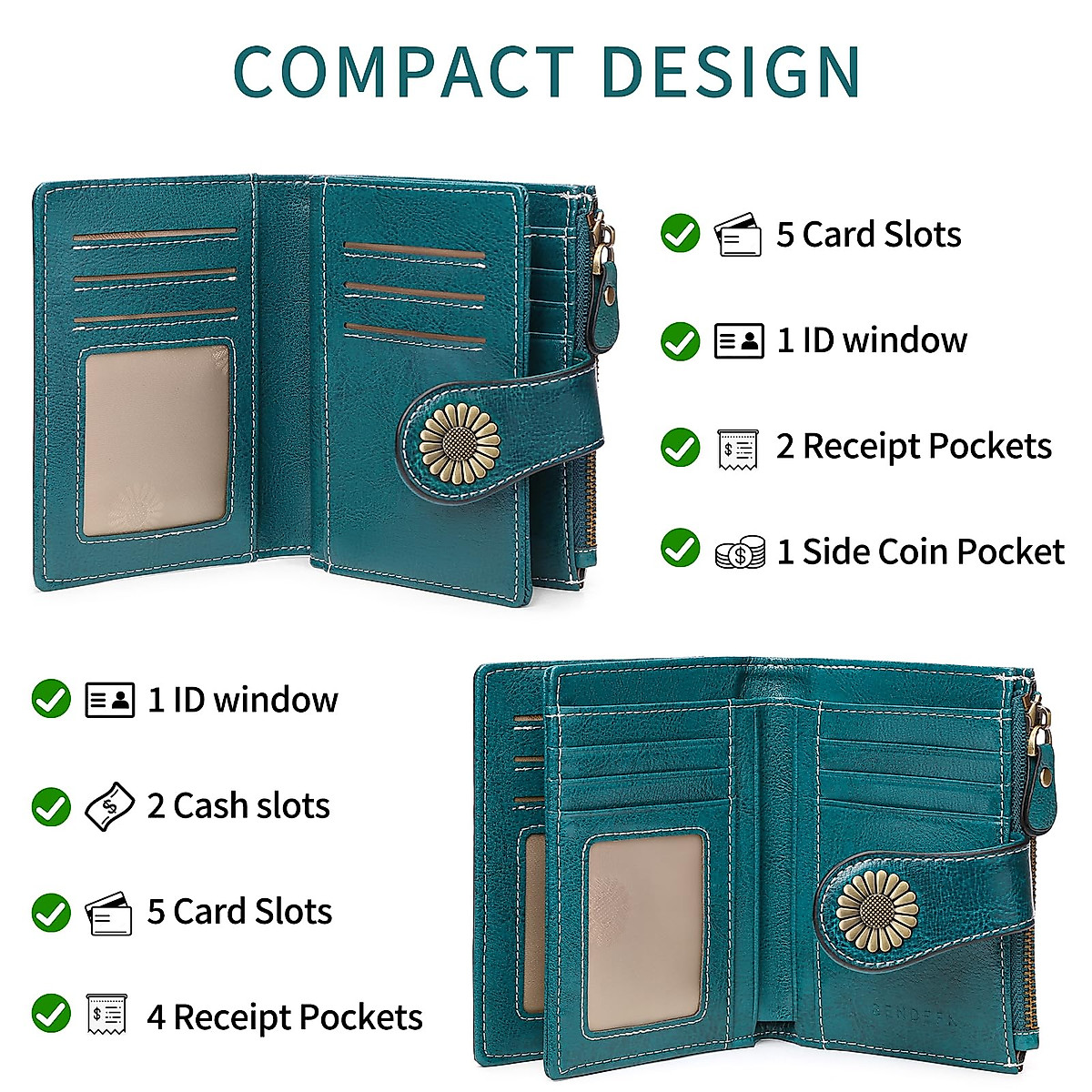 SENDEFN Small Womens Wallet Leather Bifold Card Holder RFID Blocking with Zipper Coin Pocket