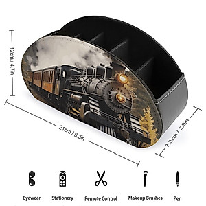 VFKLT Leather Remote Control Storage Box with 5 Compartments Double Sided Steam Train Printed Divided Organizer Store Controller Pen for Bedside Table Office