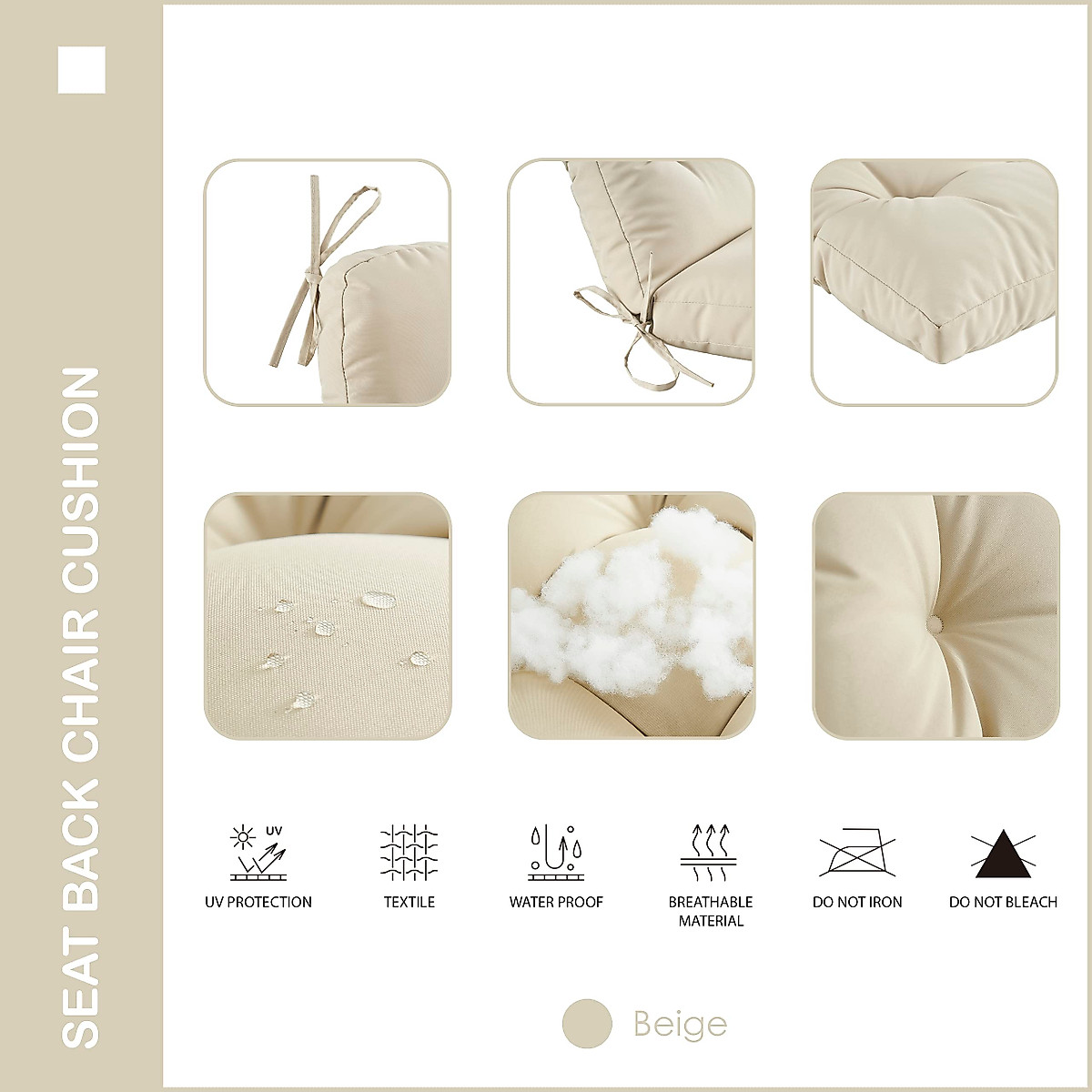 YOOZEKU Outdoor Indoor Seat/Back Chair Tufted Cushion,All-Weather Patio Chair Cushion with Ties,for Patio Furniture,Beige