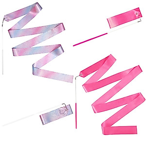 2pcs Dance Ribbons, 2m Kids Long Gymnastics Ribbon Twirling Ribbons Dancing Ribbon Streamers for Artistic Dance Training Party, with Ribbon Dancer Wand (Pink + Sparkling)