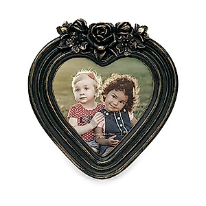 Isaac Jacobs 4x4 Heart-Shaped Resin Picture Frame with Rose Design, Decorative Photo Frame, Tabletop & Wall Display, Hanging Display & Home Décor (Black With Gold)