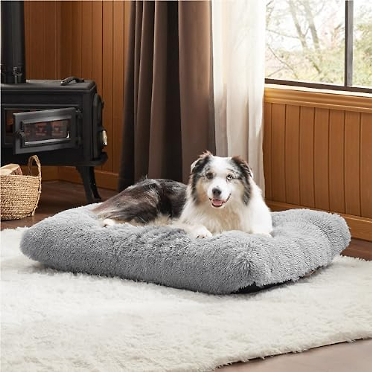 Bedsure Large Dog Bed Washable, Plush Calming Dog Crate Beds for Large Breed, Fulffy Dogs Sleeping Mat, Anti-Slip Pet Kennel Pad, 35" x 23", Grey