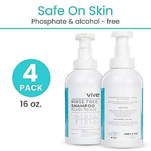Vive Rinse Free Shampoo (4 Pack) - 16 Ounce Waterless Foam Wash For Elderly, Bedridden Patients, Women, Men - No Water Shower Cap Alternative For Washing Sensitive Skin - For Hospital, Camping, Hiking