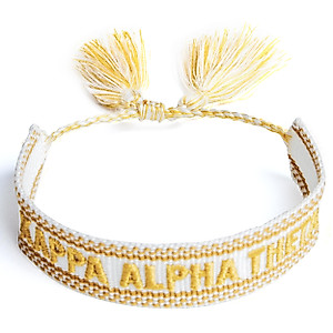Sorority Shop Kappa Alpha Theta Bracelet — Woven Bracelet, White and Gold Design with KAT Sorority Name and Tassels, Greek Sorority Jewelry and Big Little Sorority Gifts