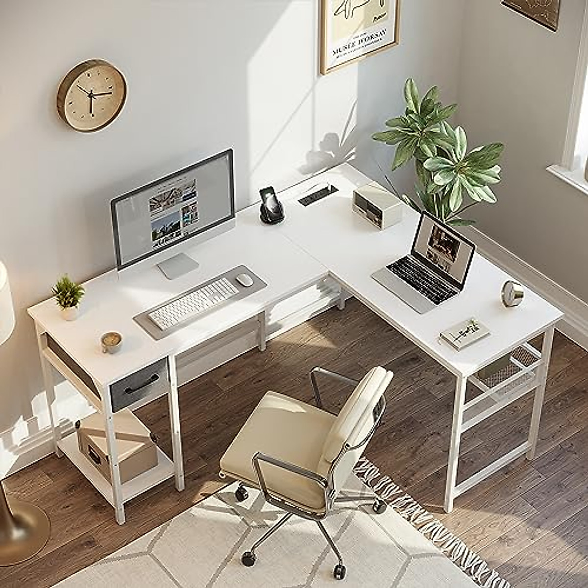 CubiCubi L Shaped 58 inch Computer Desk with LED and Storage Shelves, White