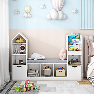 Vabches Kids Bookshelf Toy Storage Organizer, Multifunctional Bookcase with Reading Nook 7 Storage Cubbies and 2 Movable Drawers, Bookcase with Seat Cushion for Children's Room, Playroom, Bedroom