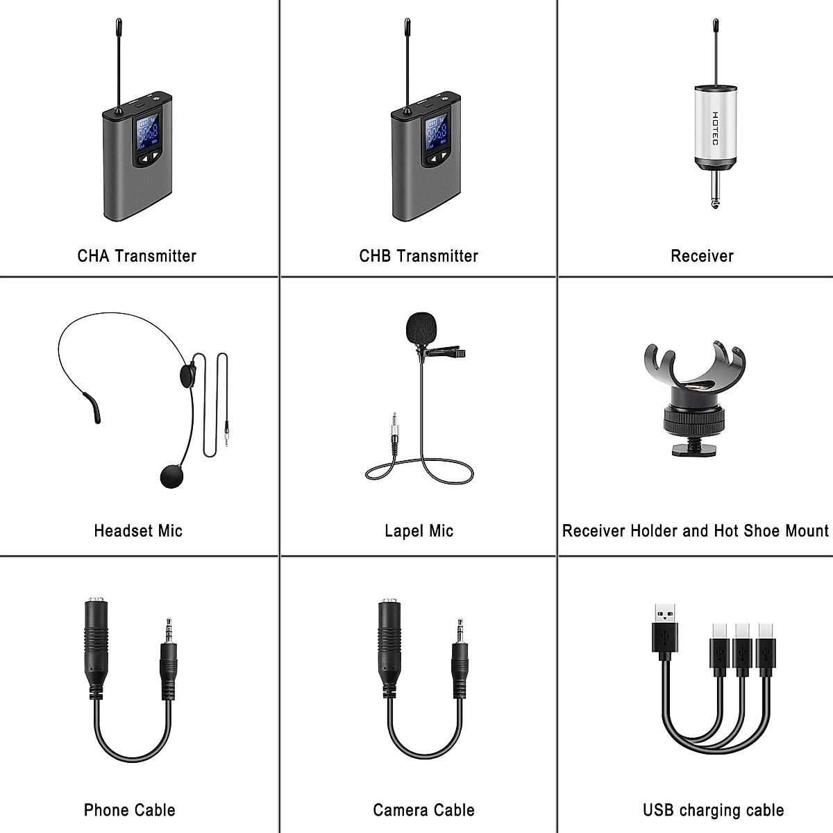 Hotec Wireless System with Dual Headset Microphones/Lavalier Lapel Mics and Bodypack Transmitters and One Mini Rechargeable Receiver 1/4" Output, for Live Performances