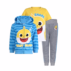 Nickelodeon Baby Shark Boys Zip Up Hoodie, T-Shirt, and Pants 3 Piece Set for Toddlers