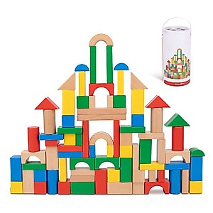 TOOKYLAND 100 Pieces Wooden Building Blocks, Shape Sorting Stacking Toy for Kids with Storage Bucket, Montessori Toys for 1 2 3 Year Old Girls Boys