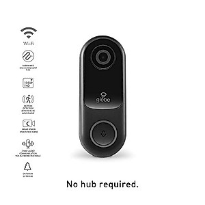Globe Electric Wi-Fi Smart Video Doorbell, Hardwired, No Hub Required, IP54 Rated, 1080p, Motion Detection, 2-Way Voice, Night Vision, Black