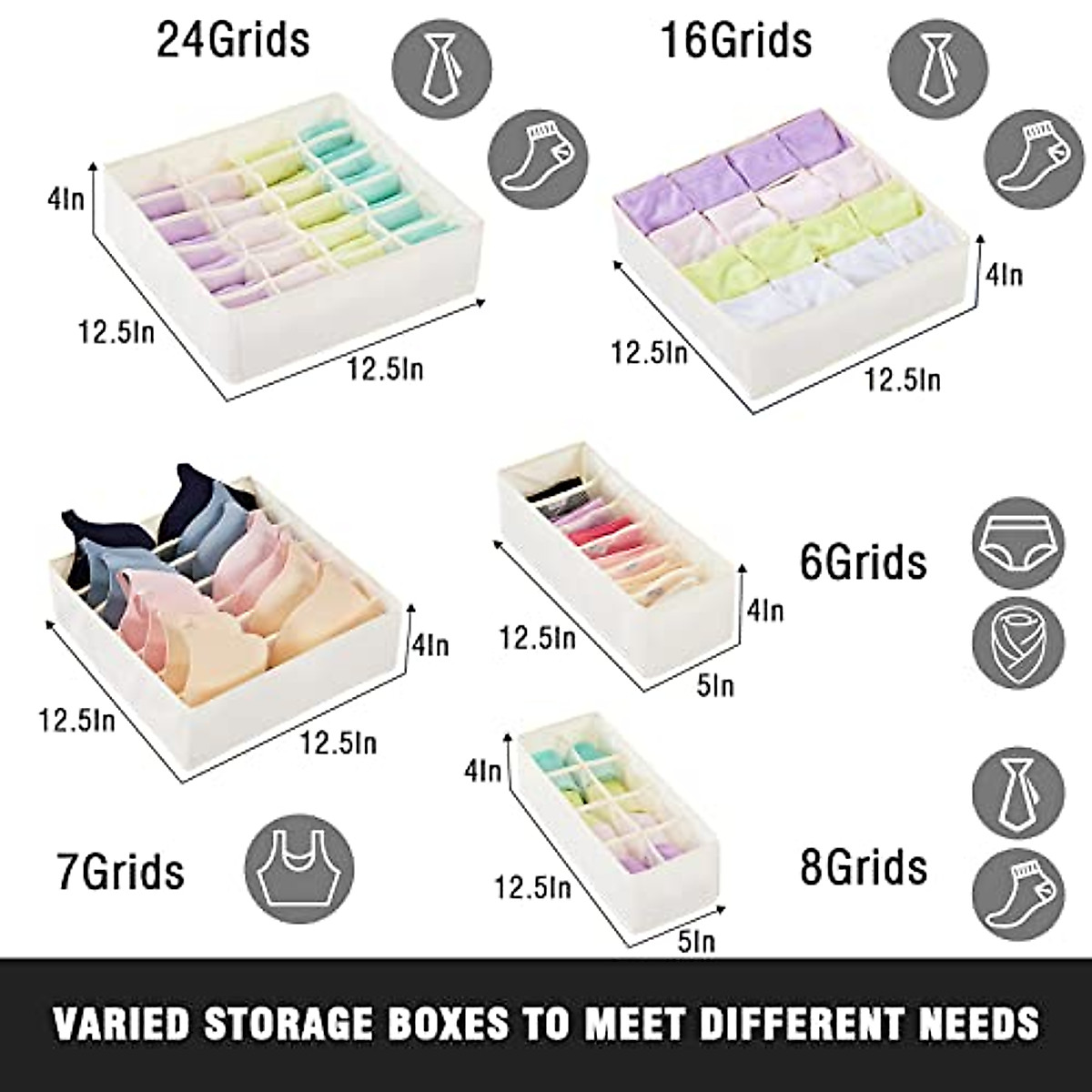 TECHMILLY Closet Underwear Storage Organizer, 3 Set Dresser Drawer Divider and Foldable Storage Boxes for Socks, Blets, Ties and Panties