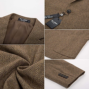 Men's Irish Wool Blend Blazer Notch Lapel Herringbone Tweed Sport Coat Coffee L