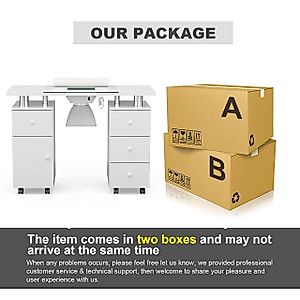 Paddie Manicure Table, Glass Top Nail Makeup Desk Nail Table Station for Nail Tech w/Electric Downdraft Vent, Wrist Cushion, Lockable Wheels, Storage Drawers, Wooden Handles (White)