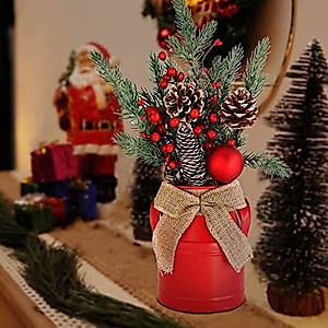Qingbei Rina Artificial Christmas Centerpiece Decoration,Mini Red Christmas Tree Potted Plants,Holiday Table Fake Greenery with Christmas Ball, Pine, Berry for Home,Office, Window, Fireplace