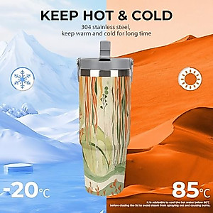 ZJCDPBR 30 Oz Tumbler with Foldable Handle And Flip Straw,Green Line Art Vacuum Insulated Travel Coffee Tumblers,Stainless Steel Leak-Proof Water Bottle,Fits in Cup Holder,Keep Cold 24H & Hot 12H