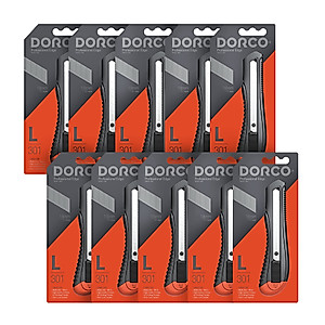 10 Pcs, DORCO Professional Quality Utility Box Cutter Knife L301 - Auto-Lock Safety System, Large Design, Retractable, Built-In Snap-Off Tool, Replaceable Carbon Steel Blade - 18mm