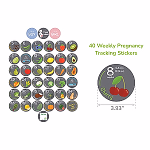 Bump Stickers - 40 Weekly Pregnancy Tracking Stickers – Week 5 to 40 + 4 Bonus Stickers – Pregnancy Photo Prop – Fruit 3.93 Inch