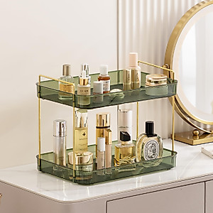 HBlife Bathroom Countertop Organizer 2 Tier Makeup Organizer Perfume Tray Skincare Storage Cosmetic Organizer Bathroom Counter Shelf, Clear Green