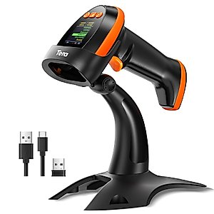 Tera Barcode Scanner Wireless 2D with Stand: Pro Version Digital Setting Screen Keypad Works with Bluetooth 2.4G Wireless USB Wired Extra Fast Scanning Speed Handheld Bar Code Reader HW0009-Z
