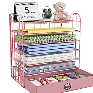 JAFUSI Paper Letter Tray Organizer with Drawer for Desk, 7 Tier Mesh Desktop File Organizer with Handle, Paper Sorter Holder Desk Tray for A4 Letter Home Office