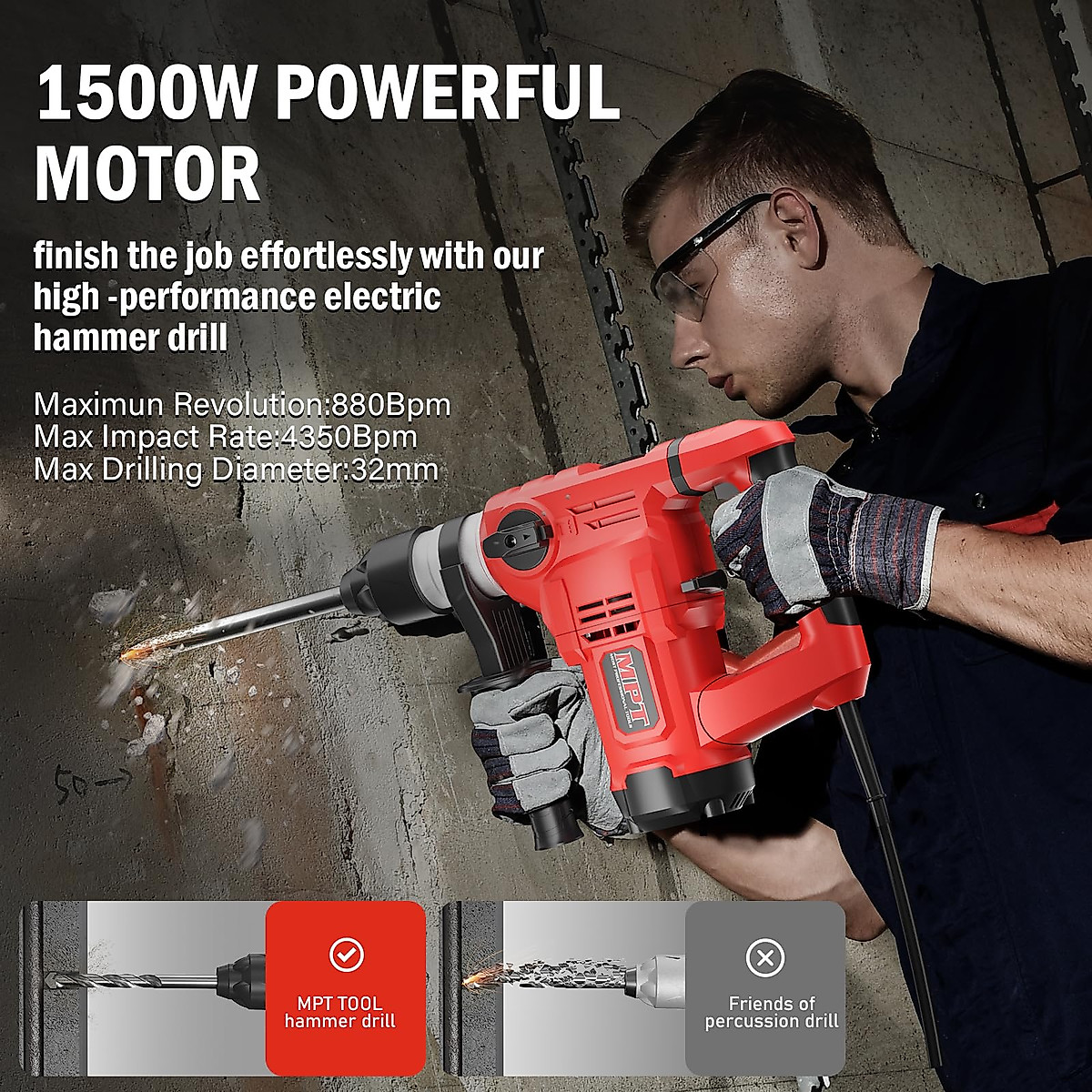 1-Inch SDS-Plus Rotary Hammer Drill, MPT 8.8 Amp Power Hammer Drill, 3 Functions Hammer Drill Heavy Duty for Concrete, Including Chisels, Drill Bits, Grease with Case