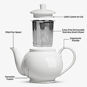 ComSaf Porcelain Teapot with Removable Infuser & Lid 37oz(4-5 Cups), Large Tea Pot with Stainless Steel Fine Mesh Infuser, Ceramic Tea Maker with Strainer for Loose Leaf Tea or Bags, White