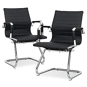 MoNiBloom Office Guest Chair Without Wheels PU Leather Mid-Back Sled Base Chairs for Reception Desk Waiting Meeting Conference Room, 2 Piece, Black