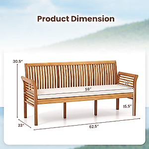 RELAX4LIFE 62.5’’ Outdoor Bench Acacia Wood - 3-Person Patio Bench w/Backrest, Armrests & Removable Seat Cushion, Slatted Wooden Garden Bench for Front Porch Park Backyard, 1200 LBS Weight Capacity