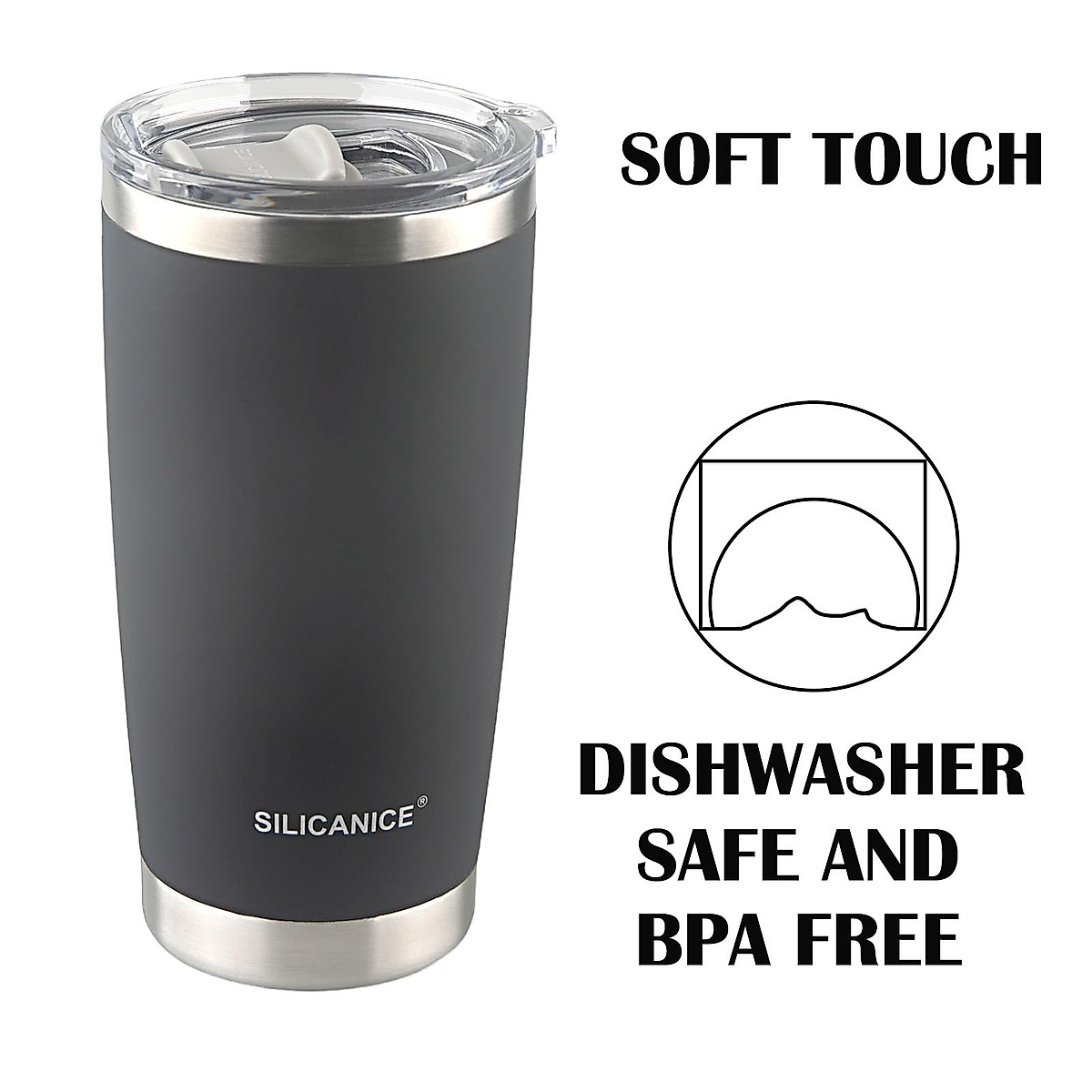 SILICANICE Gray The Only Soft Touch 20oz Stainless Steel Insulated Tumbler with MacSlider Lid-Spill Proof,Dishwasher Safe,Durable Thermal Cup for Hot/cold Coffee, Water & Smoothies