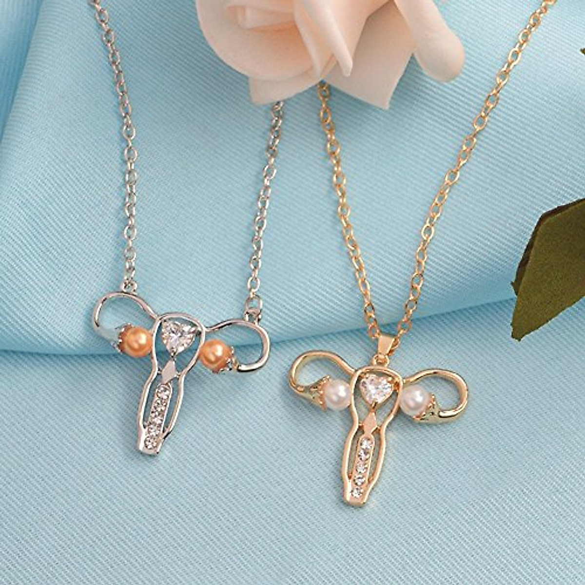 AILUOR Uterus Ovary Pendant Necklace, Gold Silver Personality Feminist Medical Symbol Female Organ CZ Crystal Pearl Necklace Gynecologist Nurse Graduation Gift (Gold)