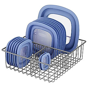 mDesign Metal Kitchen Food Storage Container Lid Holder, 3-Compartment Organizer Bin for Organization in Kitchen Cabinets, Cupboards, Pantry Shelves, Drawers - Wide - Graphite Gray