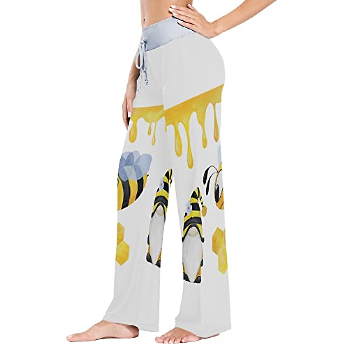 Yellow Flying Bee Dressed Up Gnome Honeycomb on White Pajama Lounge Pants Drawstring Stretch Pants Wide Leg(L)