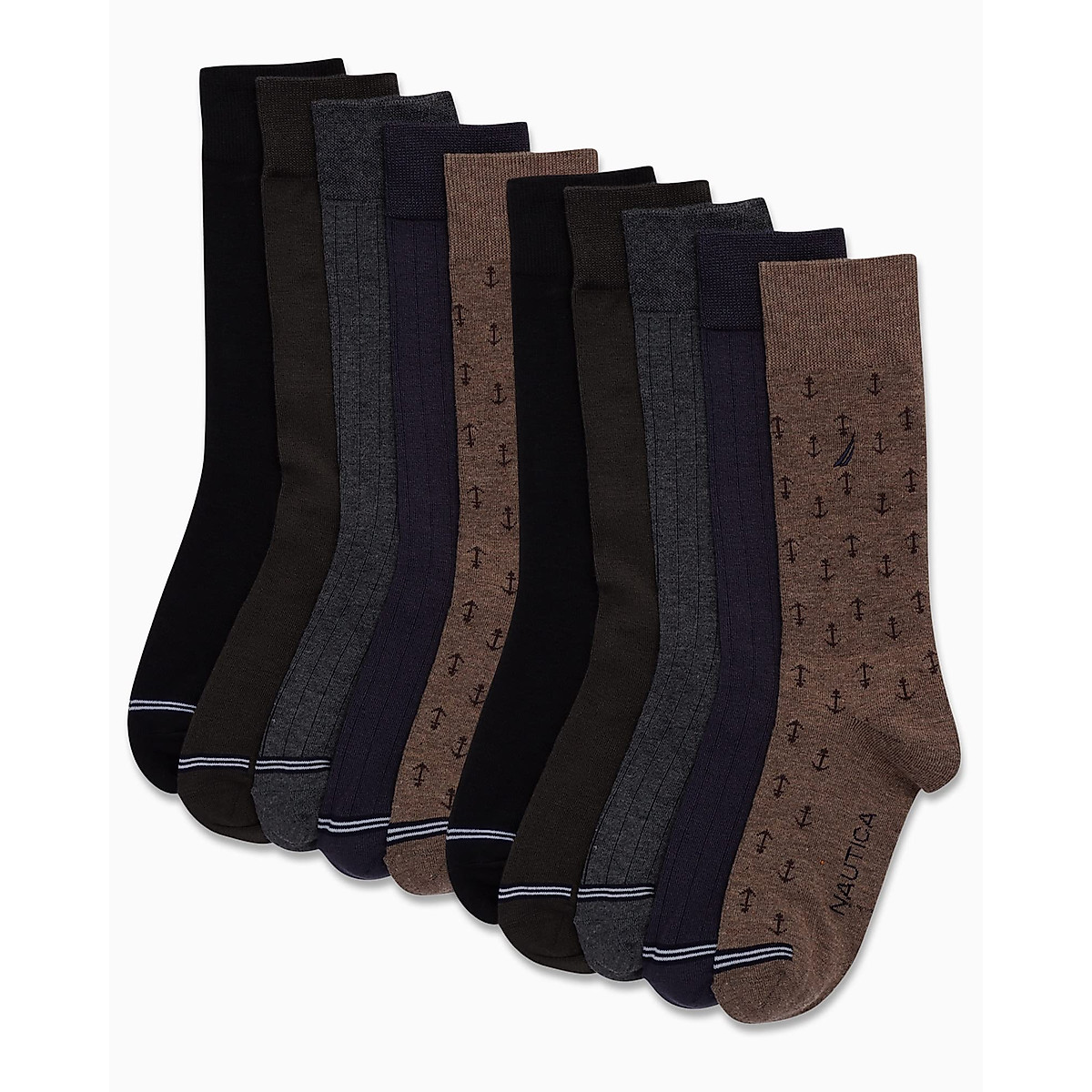 Nautica Men's Dress Socks - Solid Crew Socks (10 Pack), Size 6-12.5, Khaki/Navy/Black