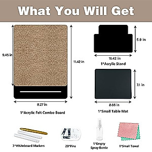 SHOOFFICE Acrylic Dry Erase Board & Felt Board Combo, 11.4'' x 8.3" Double-Sided Desktop Whiteboard with Stand, Small Frameless Black Message Board with 3 Markers and 20 Pins for Office Home School