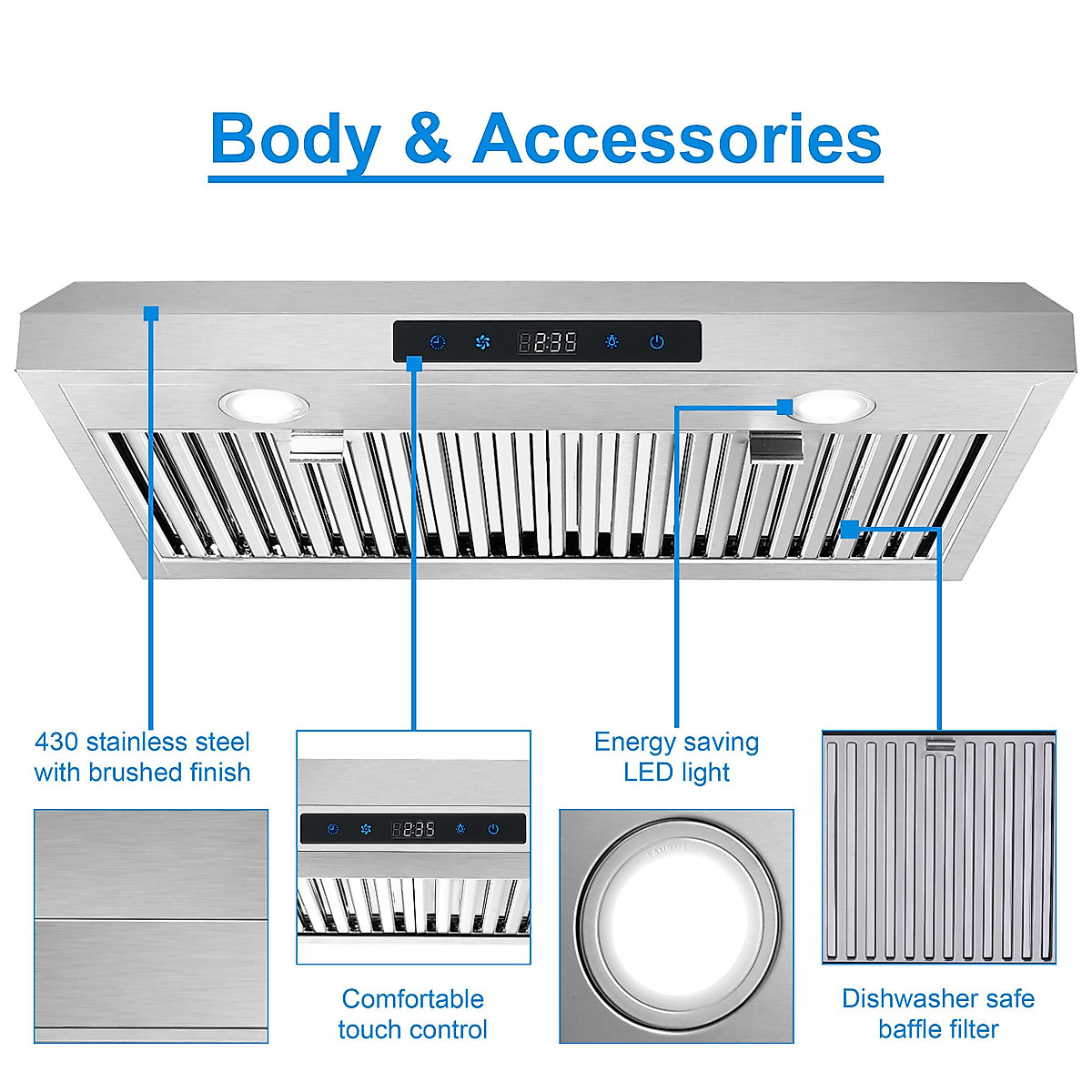 SNDOAS Range Hood 30 Inch Under Cabinet,Ductless Range Hoods with Touch Control,3-Venting Kitchen hood,Stainless Steel Vent Hood,Under Cabinet Range Hood 30 inch,Hood Vents for Kitchen 3 Speeds