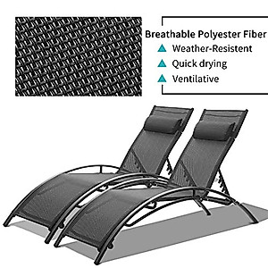 Patio Lounge Chairs Outdoor Pool Chaise Lounges Adjustable for All Weather for Beach Backyard（2-Pack Black