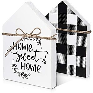 Double-Sided Home Sweet Home Sign for Shelf Decorations - Black and White Buffalo Plaid Decor Farmhouse - Small House Shaped Wood Block Signs with Sayings - Country Decor for Table or Fireplace Mantle