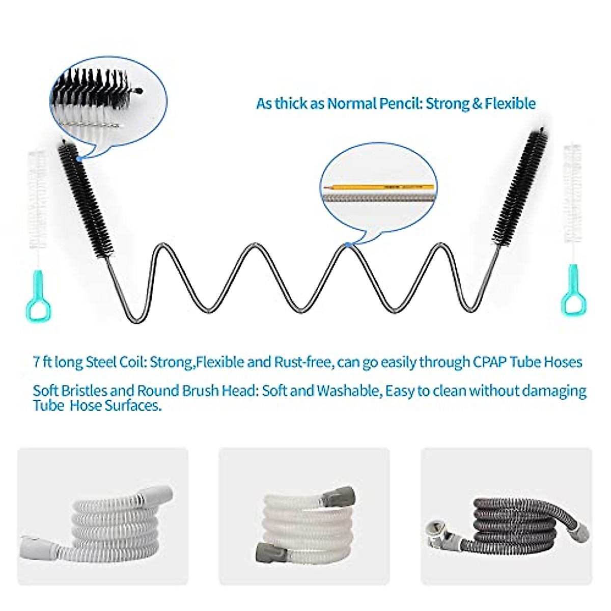 Jakia CPAP Tube Hose Cleaning Brush Kit 7 ft Strong Flexible Spring Body with Double Brush Heads Each 8.7" and 6.7“ Diameters Plus Two 7" Handy Brushes, 2 Bandage Ties and 2 Hose Bushing