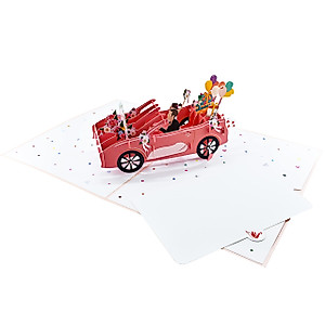 "Just Married" Pink Cadillac Wedding Car with Bride and Groom Pop Up Card for Marriage, Engagement, Anniversary, Valentines Day