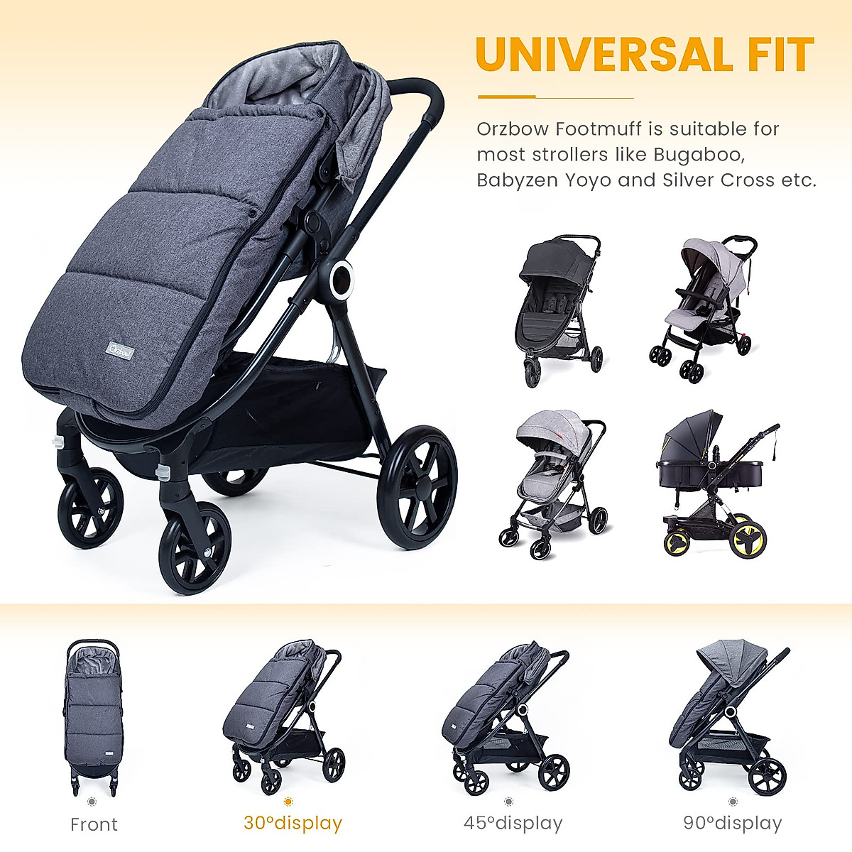 Orzbow Footmuff for Stroller,Weatherproof Anti-Kick Universal Toddler Sleeping Bag,Removable Warm Coral Fleece Lined Stroller Bunting Bag Footmuff(Light Gray)