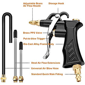 High Volume Air Blow Gun with Brass Adjustable Air Nozzle, Premium Air Blower Gun with 2 Pcs Steel Air Flow Extensions and Universal Blow Hose, Air Compressor Accessory Tool Air Gun