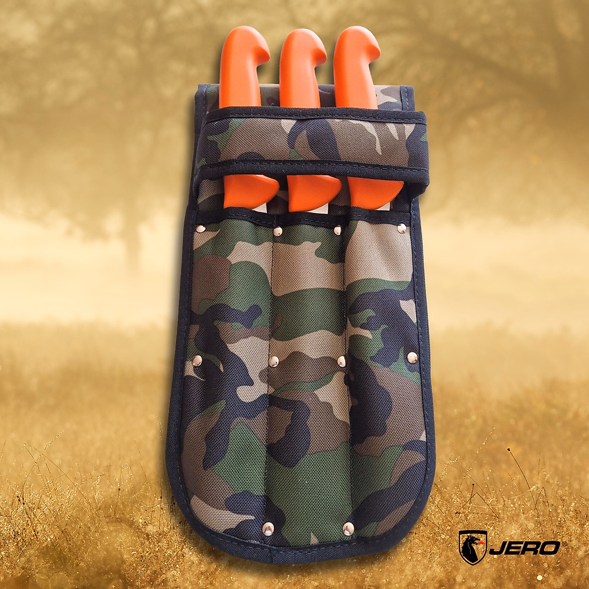 Jero Hunter Knife Set With Camo Scabbard - Orange Handles With High-Carbon Stainless Blades - Narrow Butcher, Deer Skinner And Boning Knife