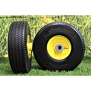 (Set of 2) 4.10/3.50-4 (10") Flat Free Tires and Wheels/Sawtooth tread, 4-1/4" Hub with 3/4" bore. Compatible with Toro 105-3471, Time Cutter Z, and John Deere